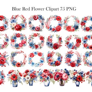 Blue Red Flower PNG, Watercolor Red Blue Floral Clipart Bundle, Flowers ...