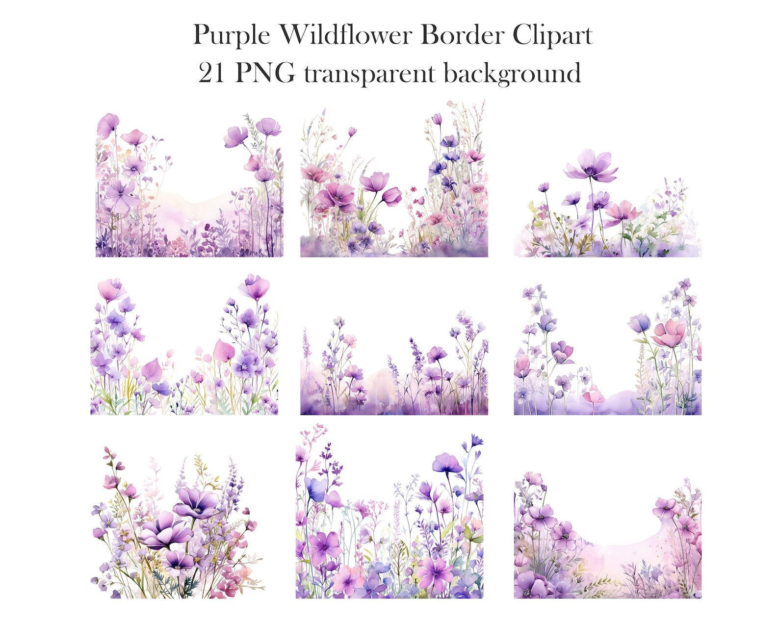 Purple Wildflower Clipart, Watercolor Floral Clipart Bundle, Flower ...