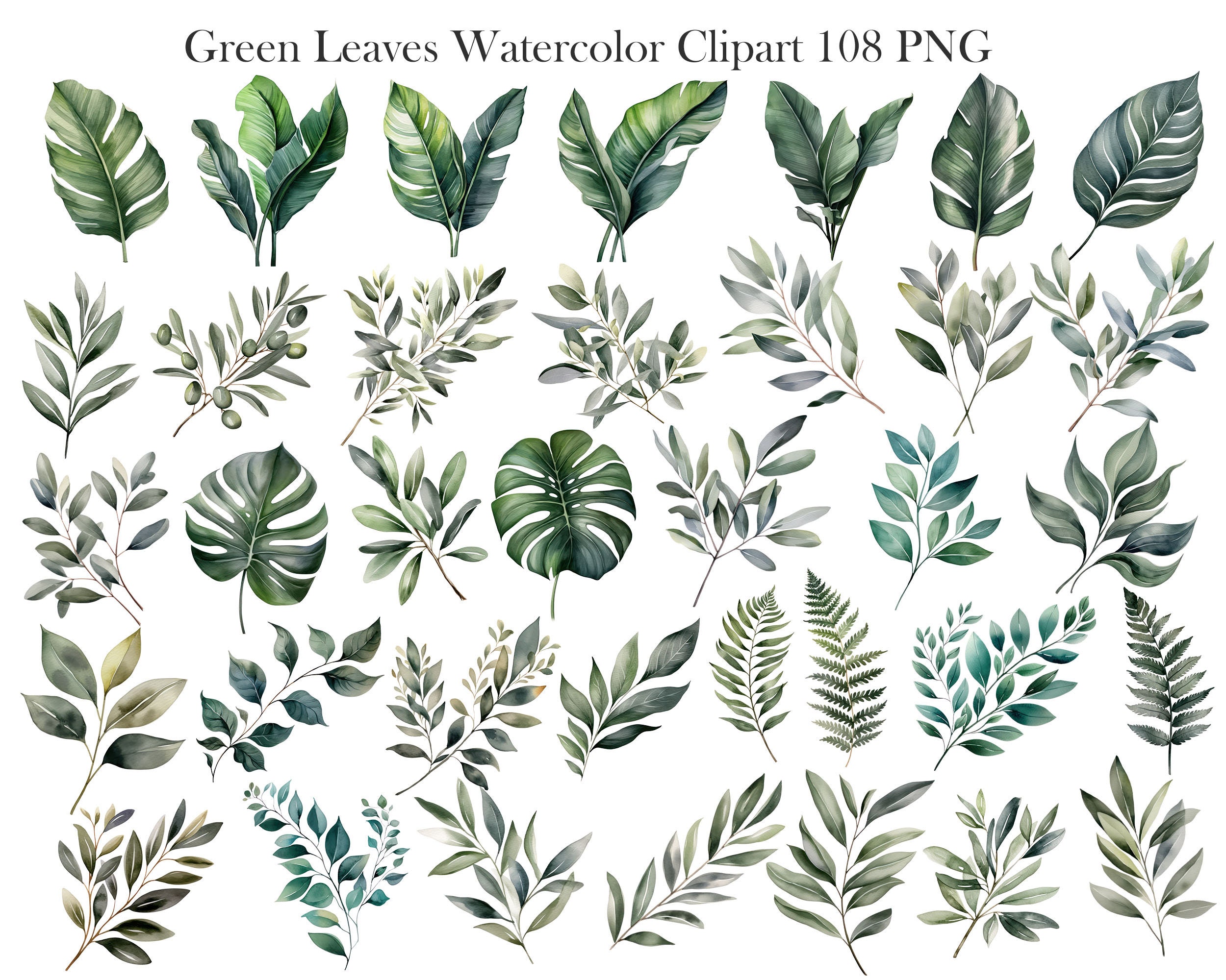 Green Leaf PNG, Green Leaves Watercolor Clipart Bundle, Greenery ...