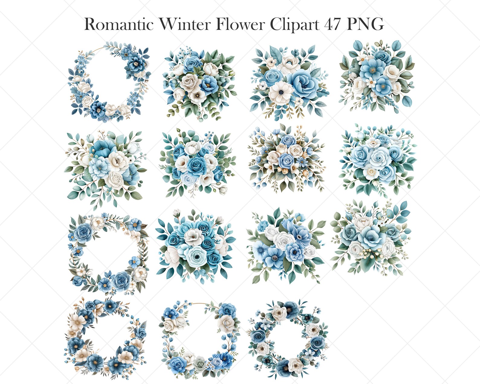 Winter Flower PNG, Watercolor Blue Floral Clipart Bundle, Wedding ...