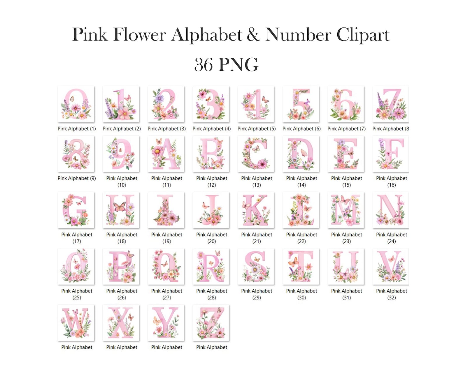 Pink Floral Alphabet Clipart, Watercolor Flower Alphabet PNG, Letters ...