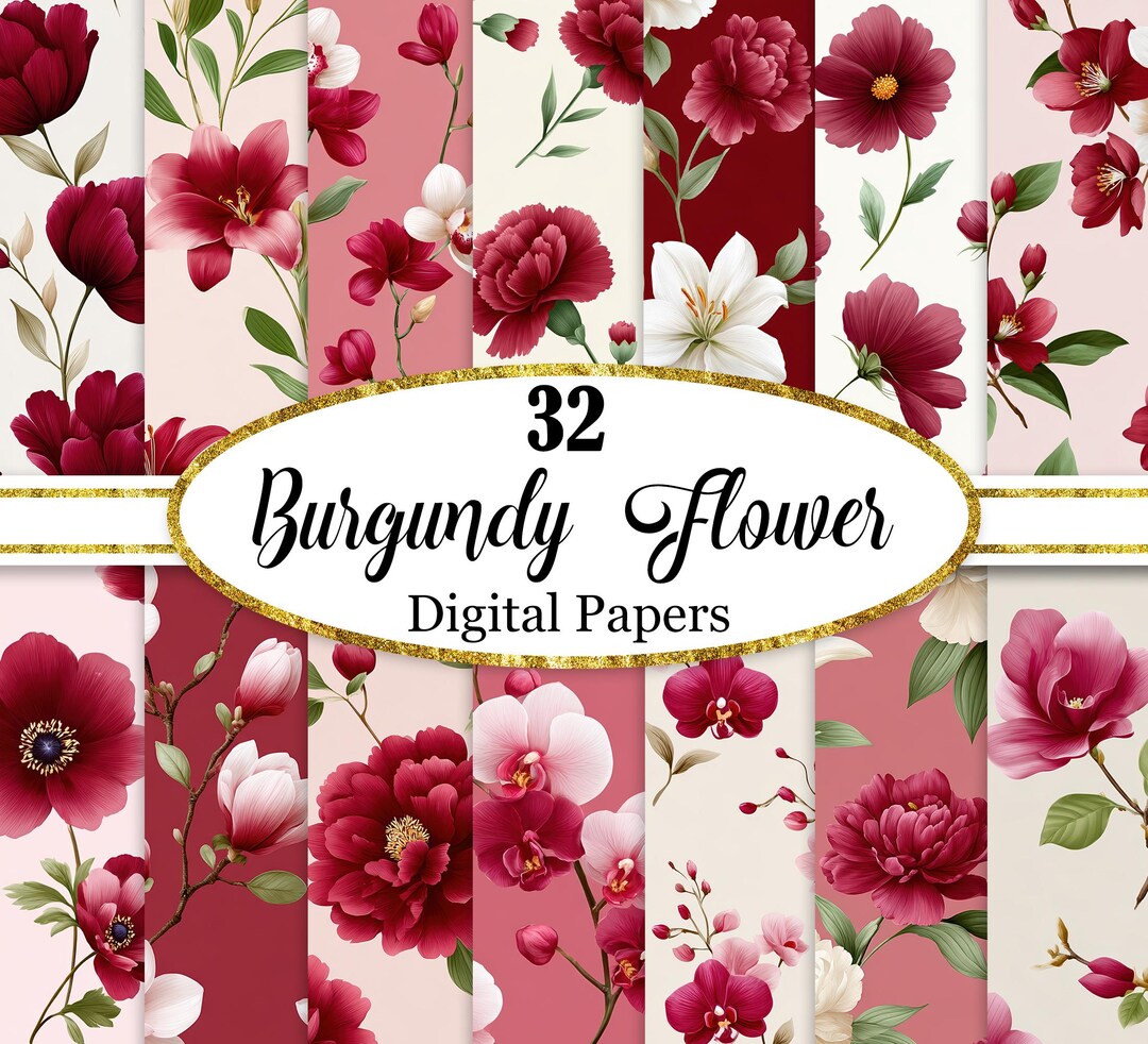 Burgundy Flower Digital Paper, Burgundy Floral Background Bundle ...