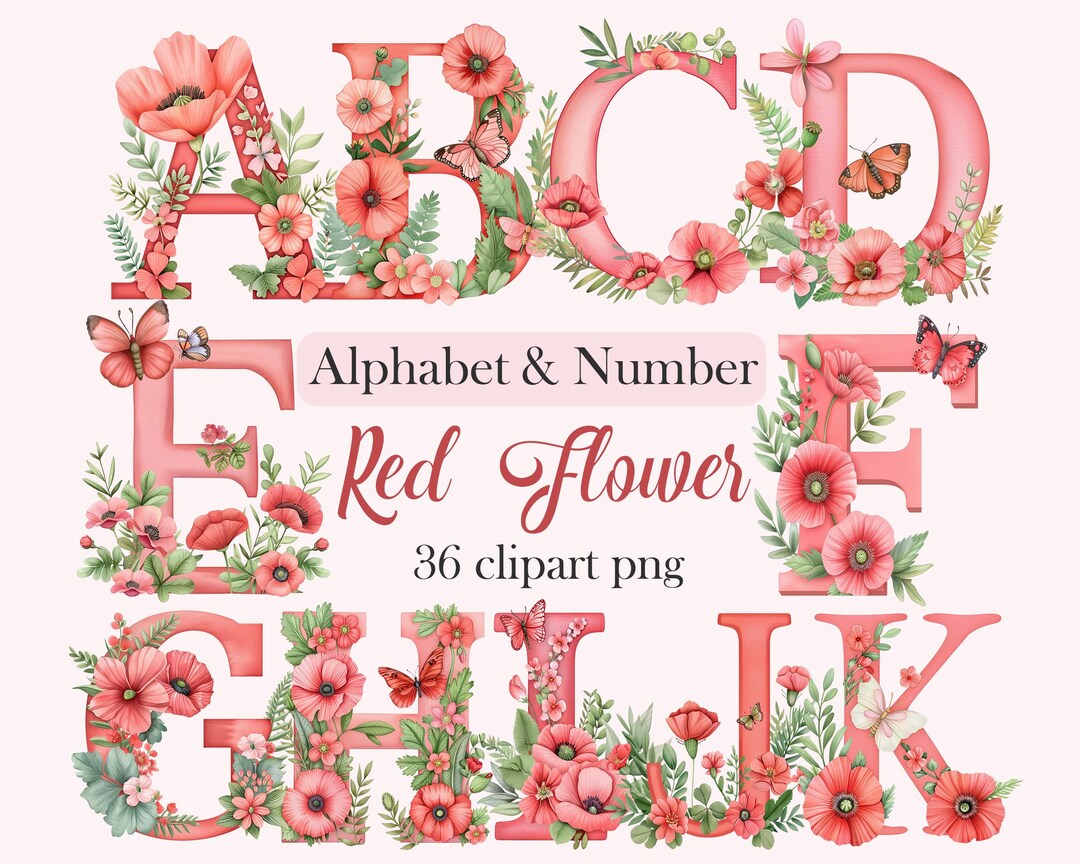 Red Flower Alphabet Clipart, Watercolor Floral Alphabet PNG, Letters ...