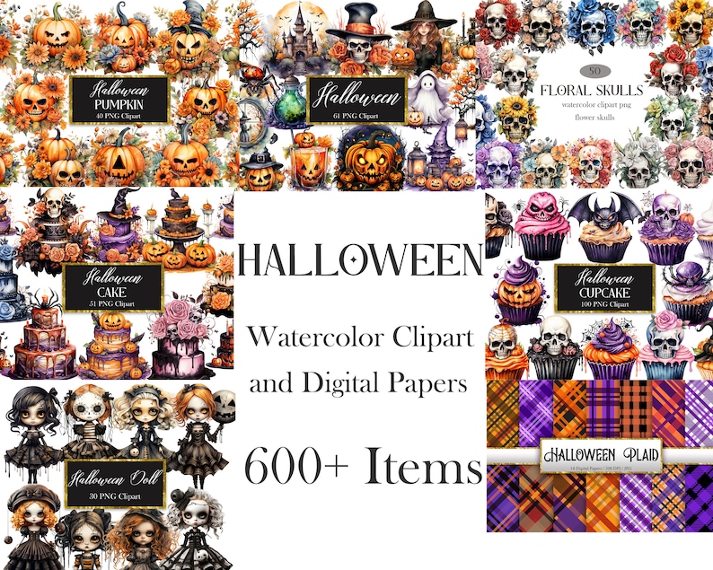 Halloween Clipart Bundle, Watercolor Halloween PNG Bundle, Halloween ...