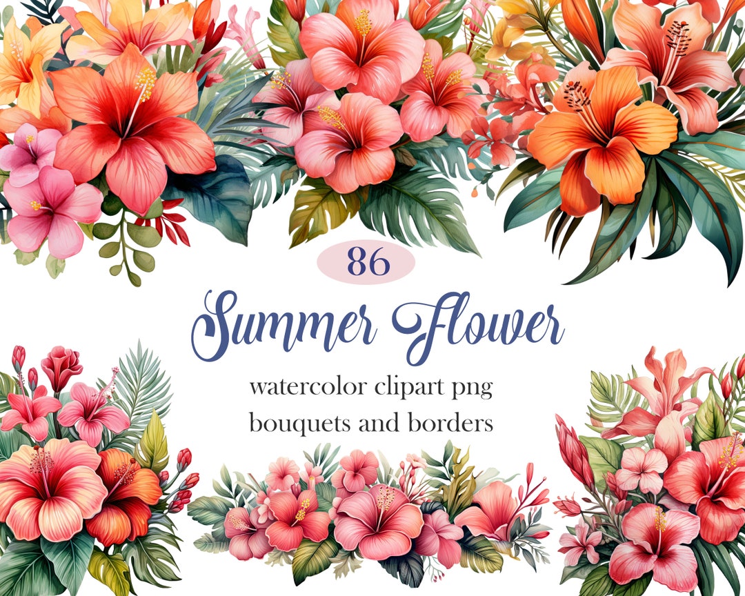 Summer Flower Clipart, Watercolor Summer Floral PNG Bundle, Tropical ...