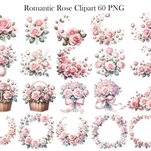 Pink Rose PNG, Watercolor Pink Rose Clipart Bundle, Wedding Bouquet ...