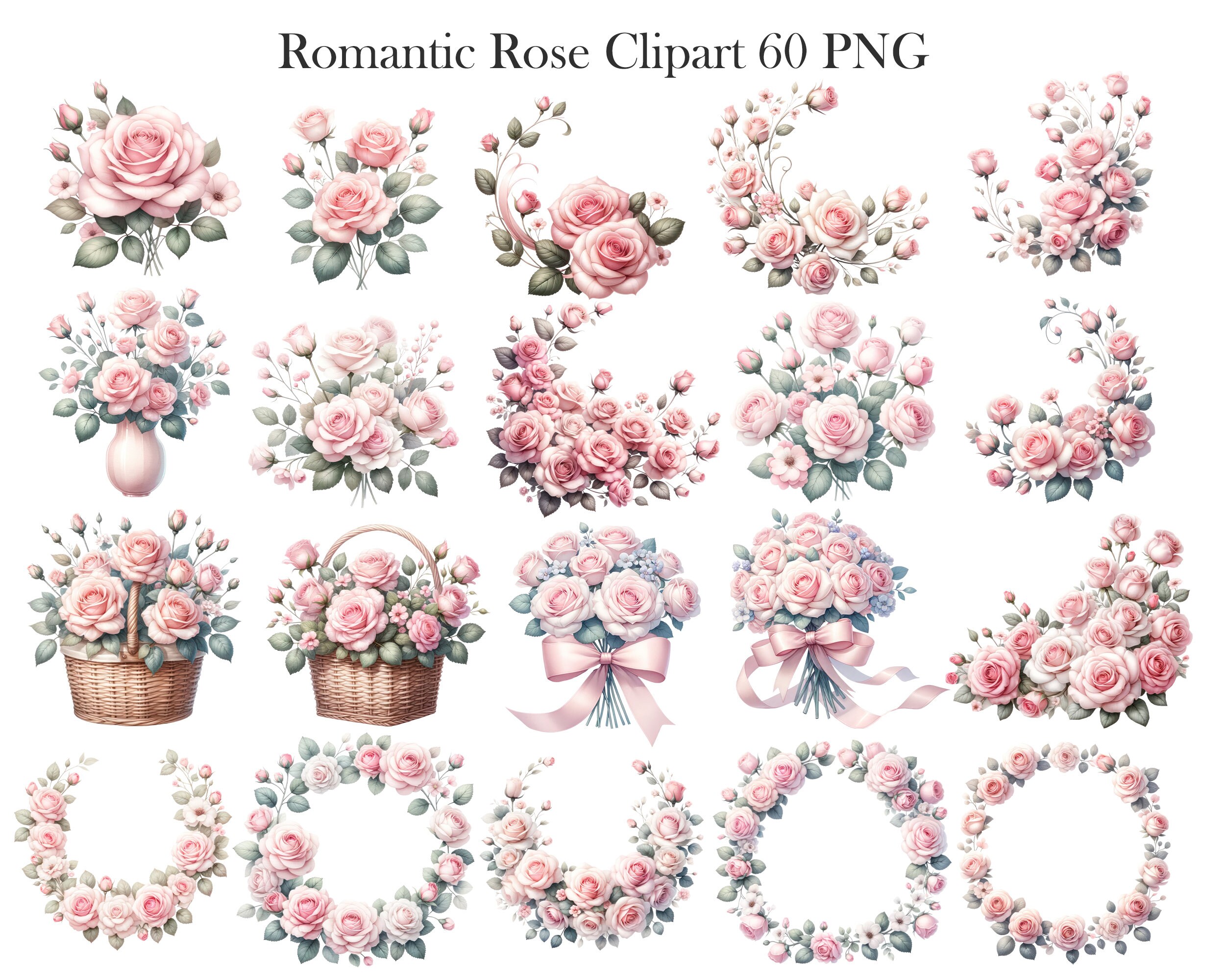 Pink Rose PNG, Watercolor Pink Rose Clipart Bundle, Wedding Bouquet ...