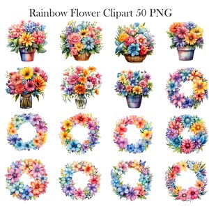 Rainbow Flower PNG, Watercolor Floral Clipart Bundle, Colorful Flower ...