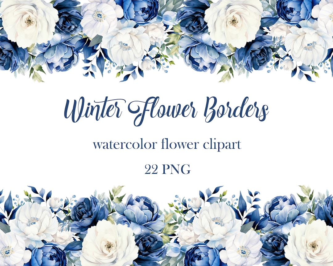 Winter Flower Border Clipart, Watercolor Blue Flower PNG, Flower Frame ...