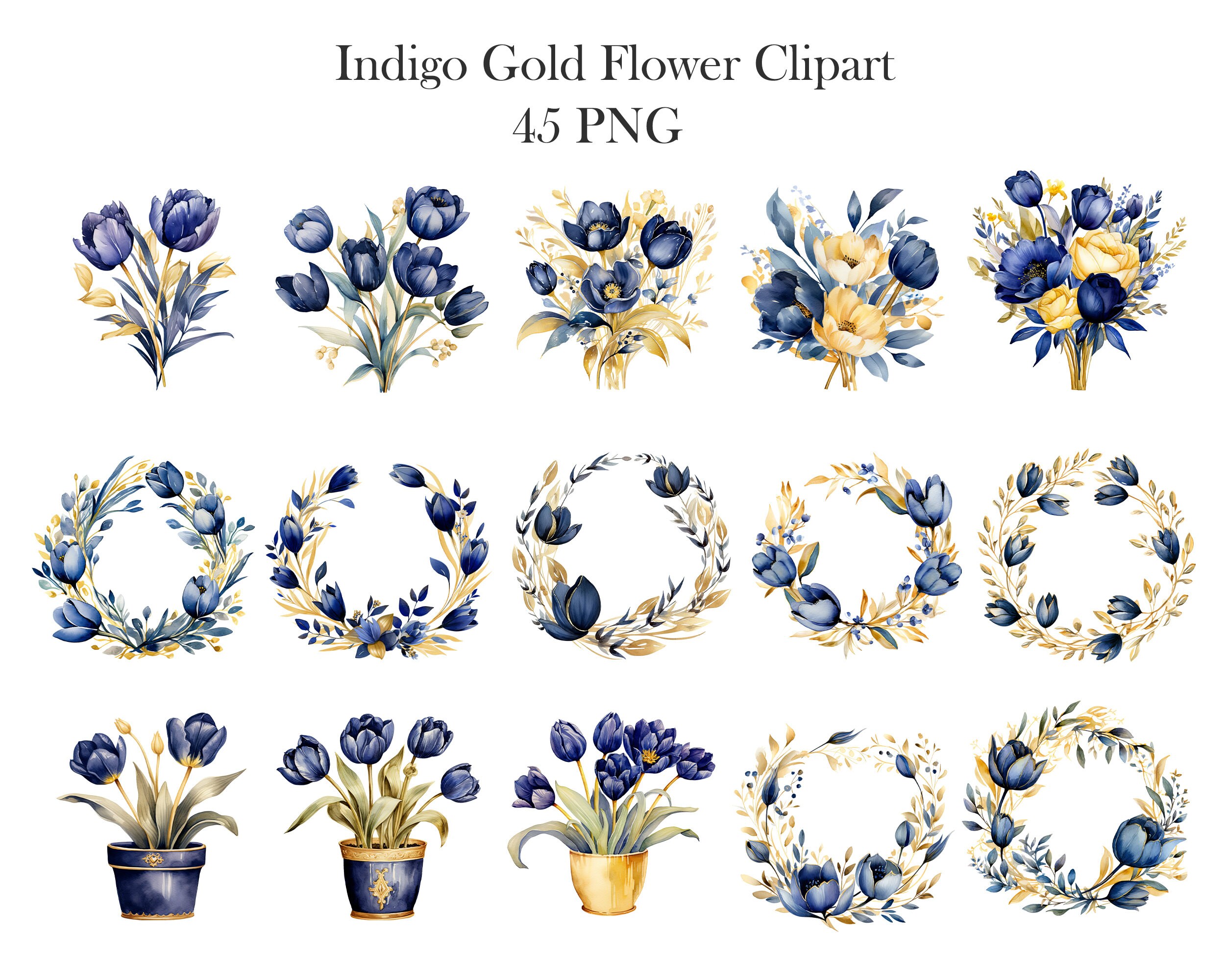 Indigo Gold Flower PNG, Watercolor Blue Floral Clipart Bundle, Wedding ...