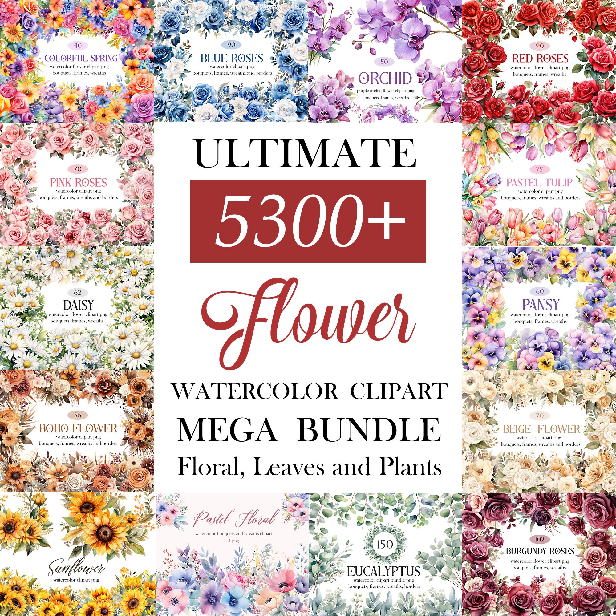 Flower Clipart Bundle, Watercolor Floral Clipart, Flower PNG Bundle ...