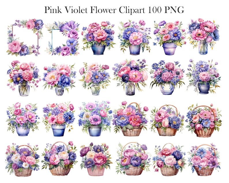 Pink Violet Flower PNG, Watercolor Floral Clipart Bundle, Wedding ...