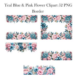 Teal Blue and Pink Flower PNG, Watercolor Pink Blue Floral Clipart ...