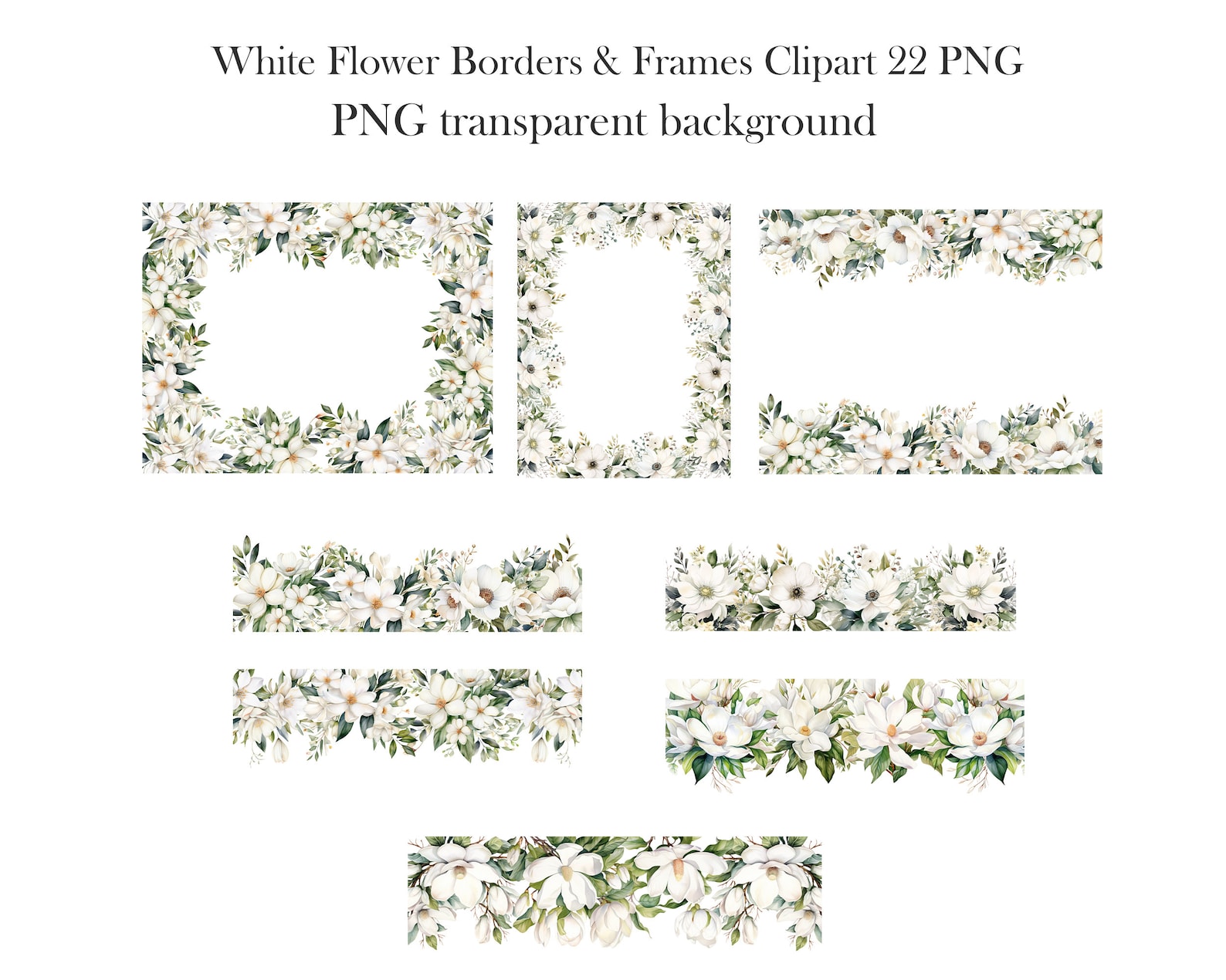 White Flower Border Clipart, Watercolor Floral Clipart Bundle, Wedding ...