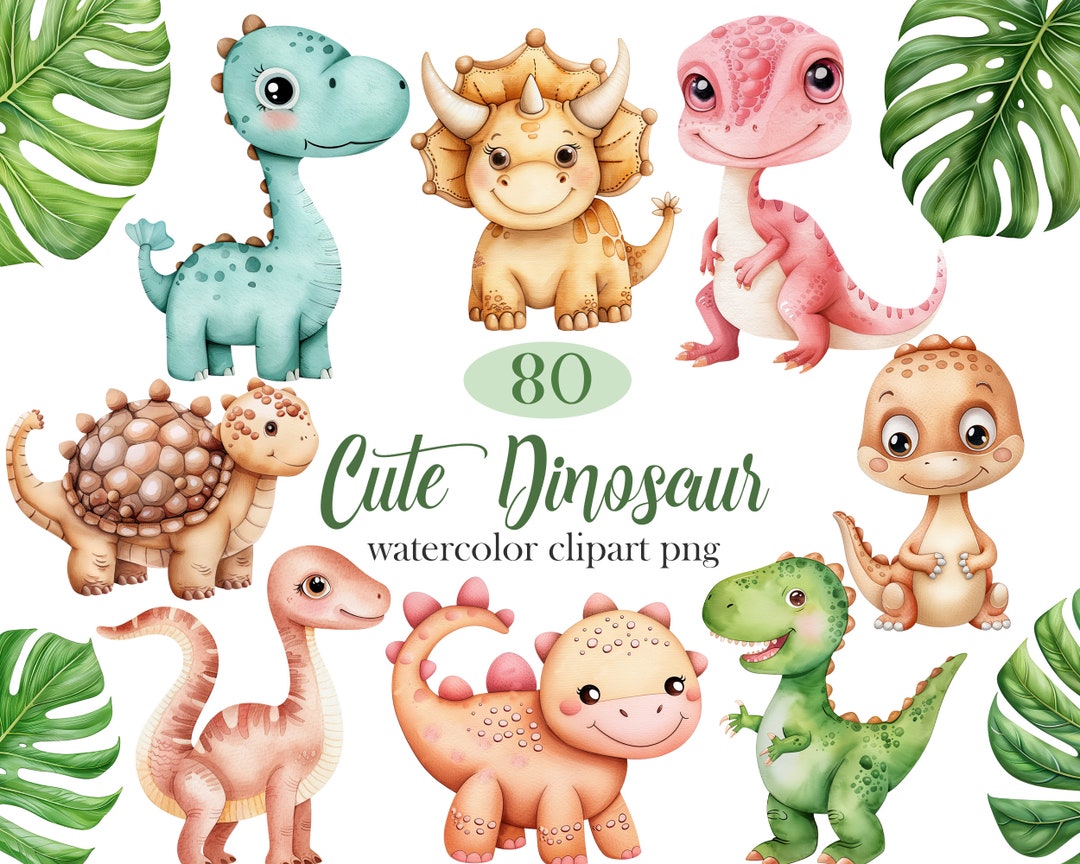 Dinosaur Clipart, Watercolor Cute Dinosaur PNG Bundle, Dinosaur ...