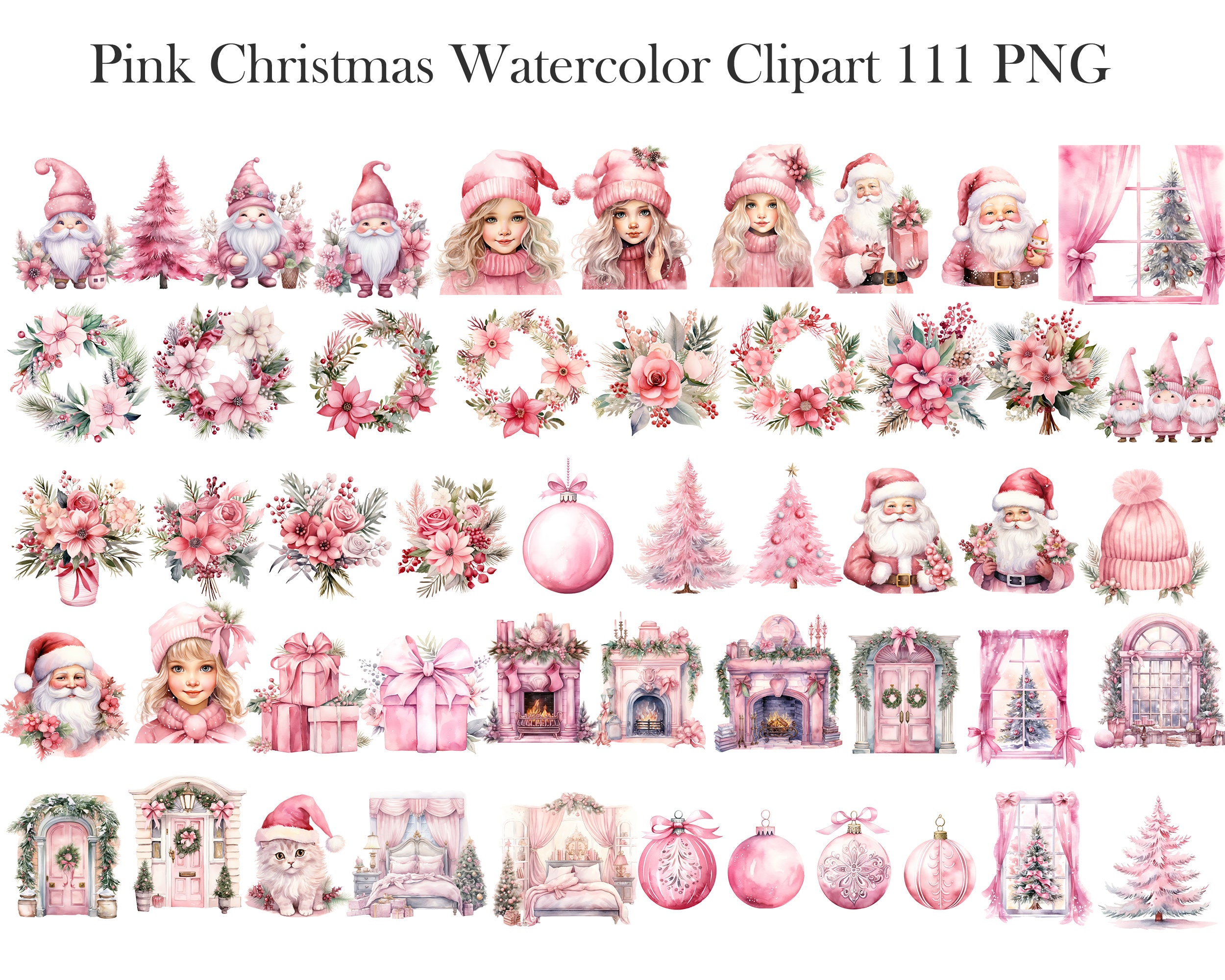 Pink Christmas Clipart, Watercolor Christmas PNG, Sublimation ...