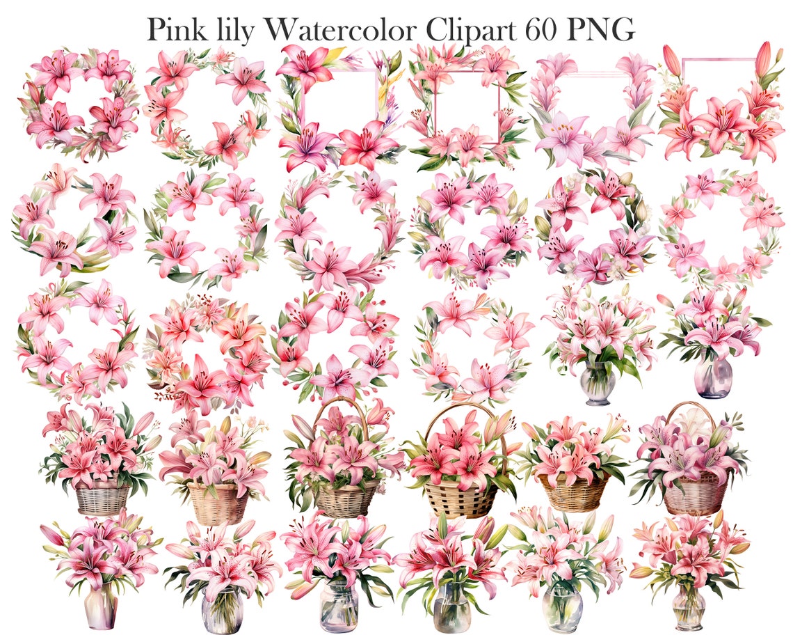 Pink Lily PNG, Watercolor Lily Clipart, Wedding Bouquet Wreath, Lily ...