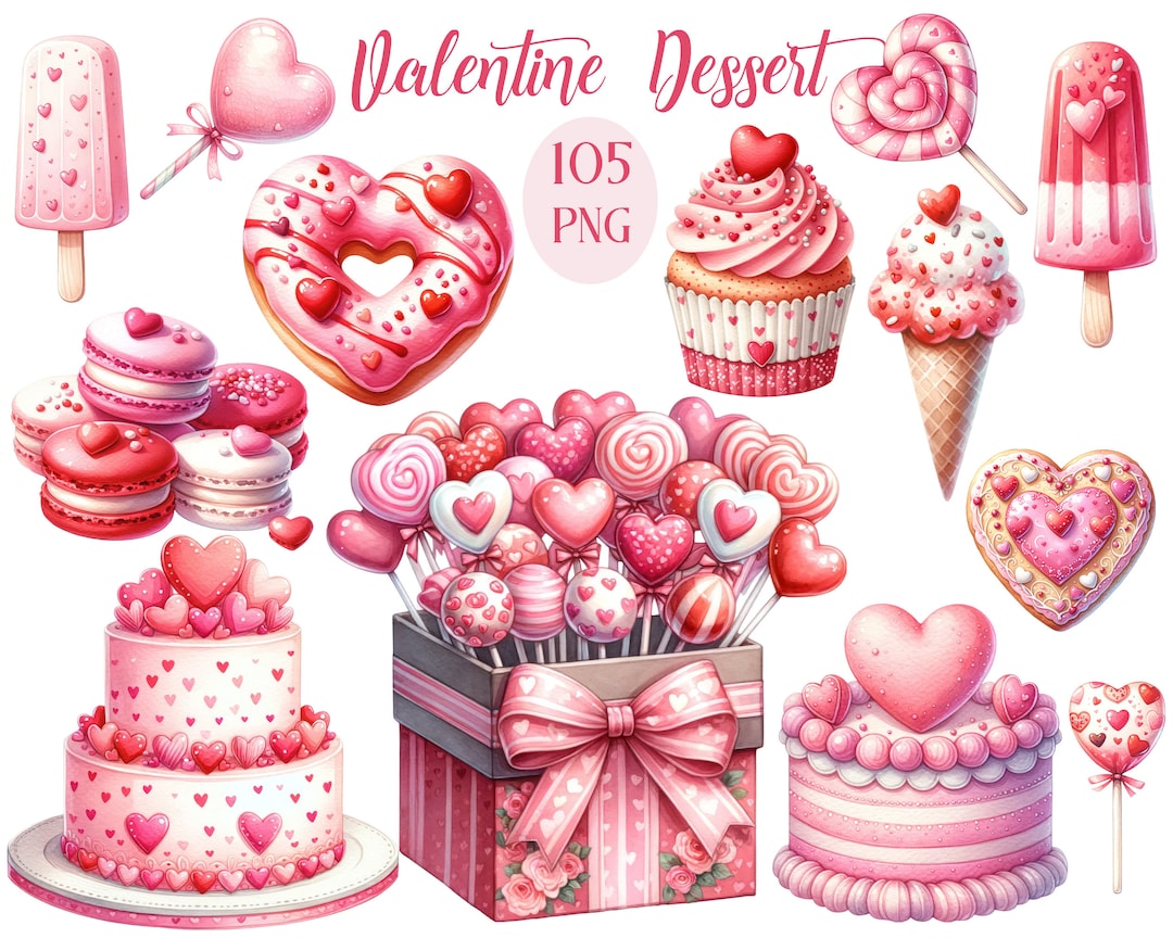 Valentine Dessert Clipart Bundle, Watercolor Valentine PNG, Valentine ...