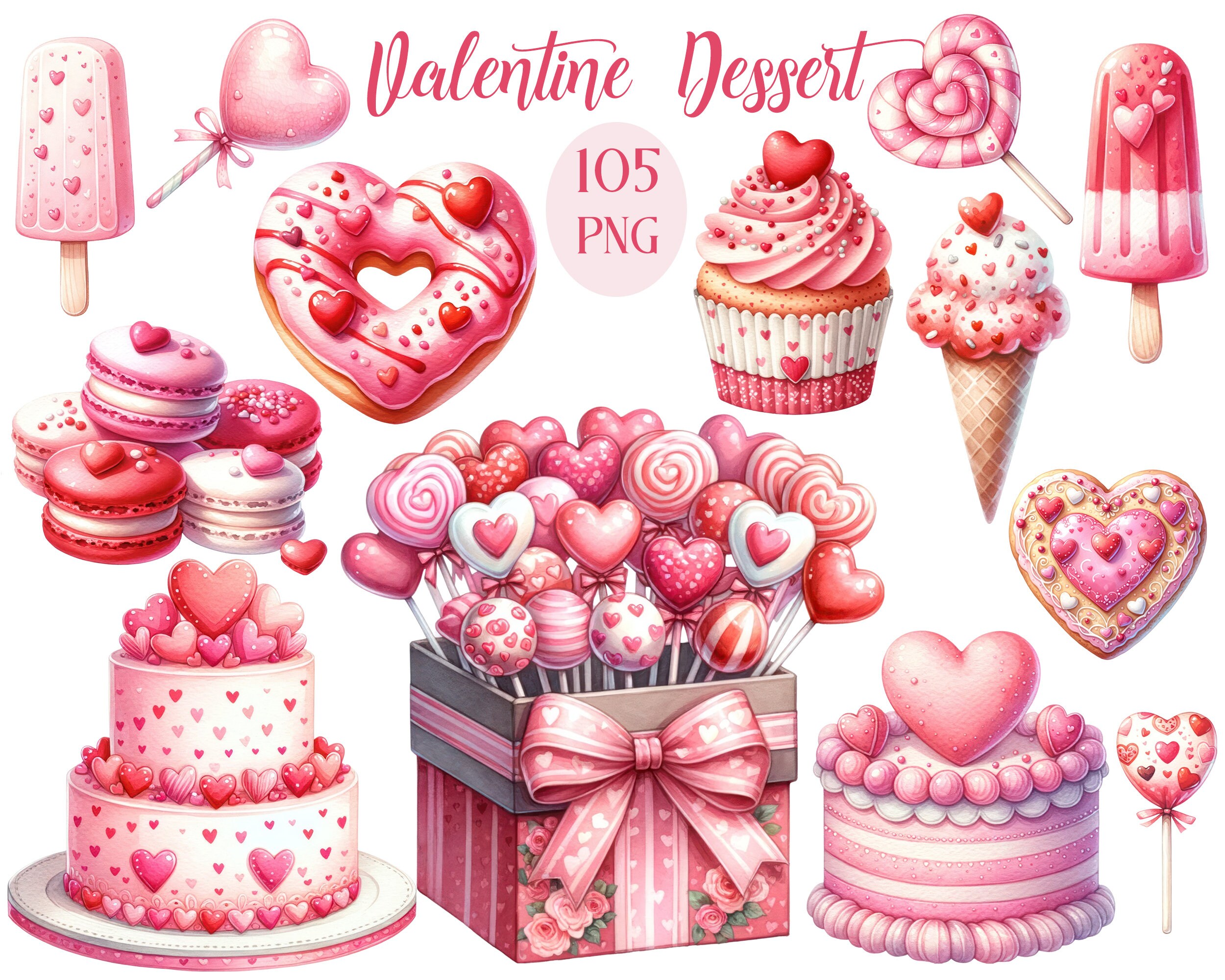Valentine Dessert Clipart Bundle, Watercolor Valentine PNG, Valentine ...
