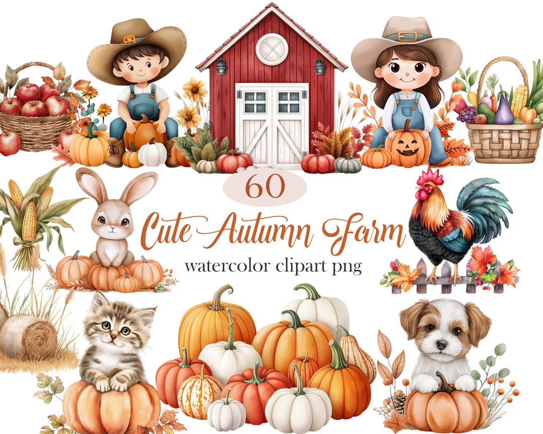 Cute Autumn Farm Clipart, Watercolor Fall PNG, Fall Sublimation ...
