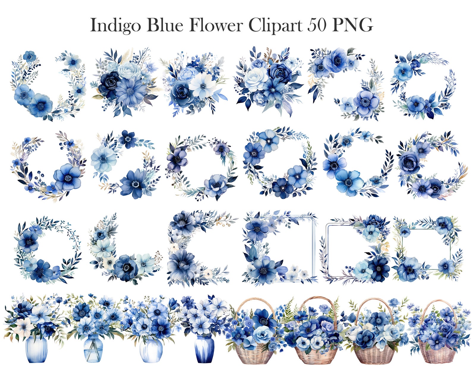 Indigo Blue Flower PNG, Watercolor Blue Floral Clipart Bundle, Wedding ...