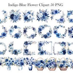Indigo Blue Flower PNG, Watercolor Blue Floral Clipart Bundle, Wedding ...