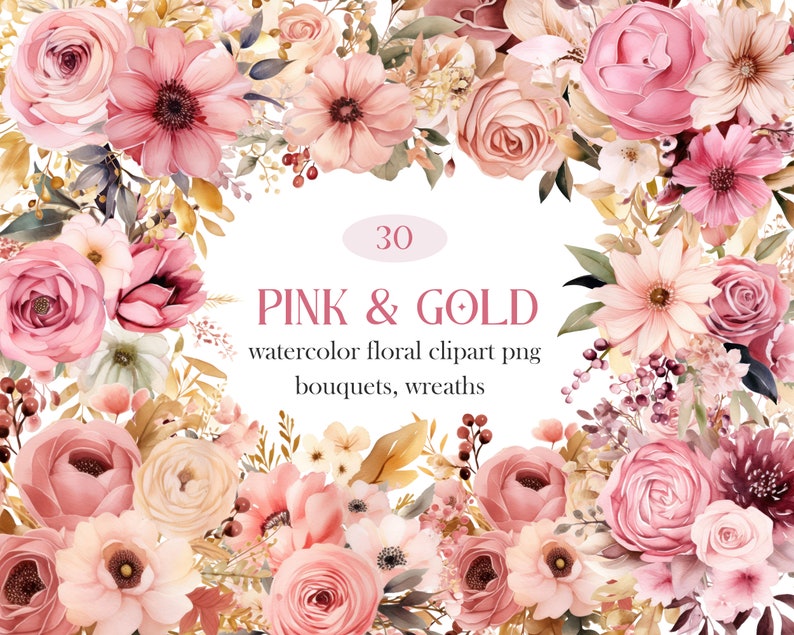 Pink and Gold Flower PNG, Watercolor Pink Floral Clipart, Flower ...