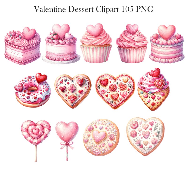 Valentine Dessert Clipart Bundle, Watercolor Valentine PNG, Valentine ...