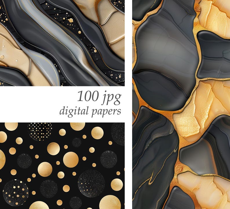 Black and Gold Digital Paper, Black Background Bundle, Gold Texture ...