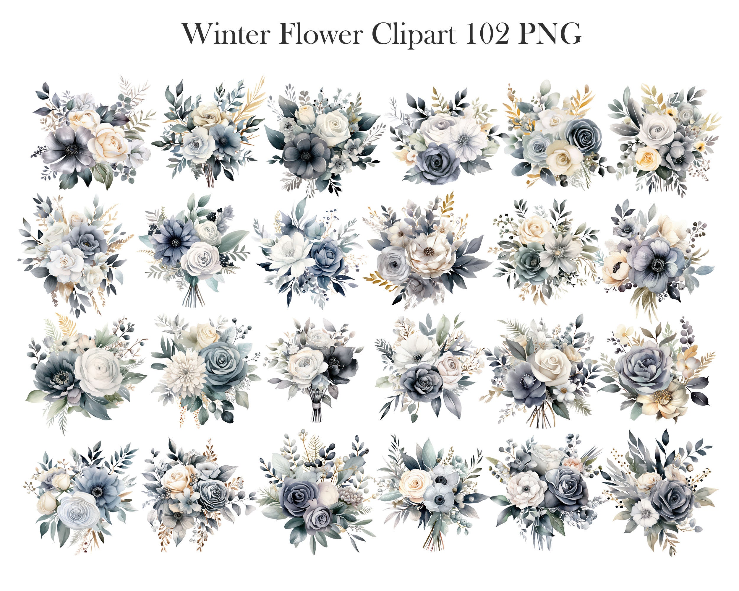 Winter Flower PNG, Watercolor Winter Floral Clipart Bundle, Grey Flower ...