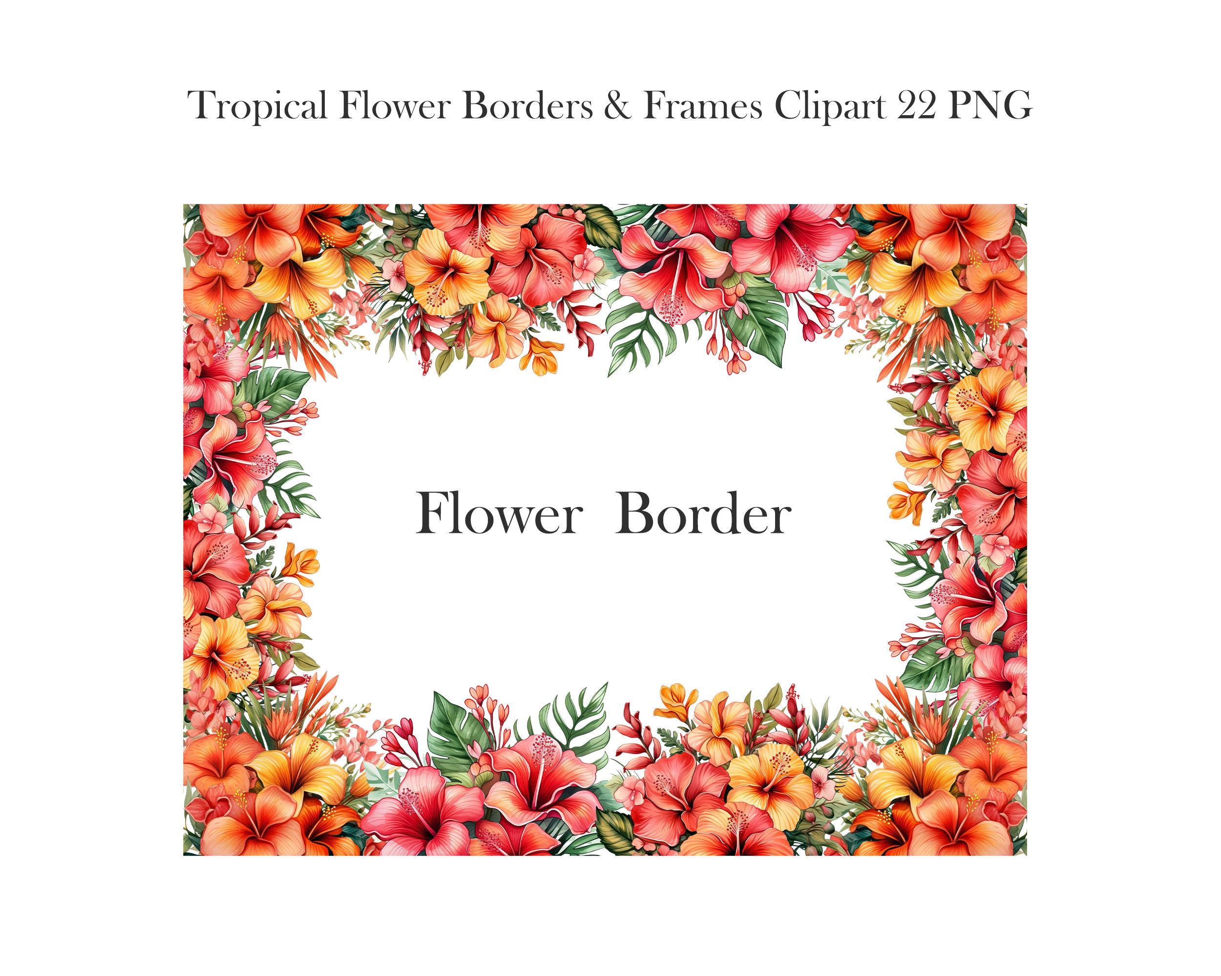 Tropical Flower Border Clipart, Watercolor Summer Floral PNG, Flower ...