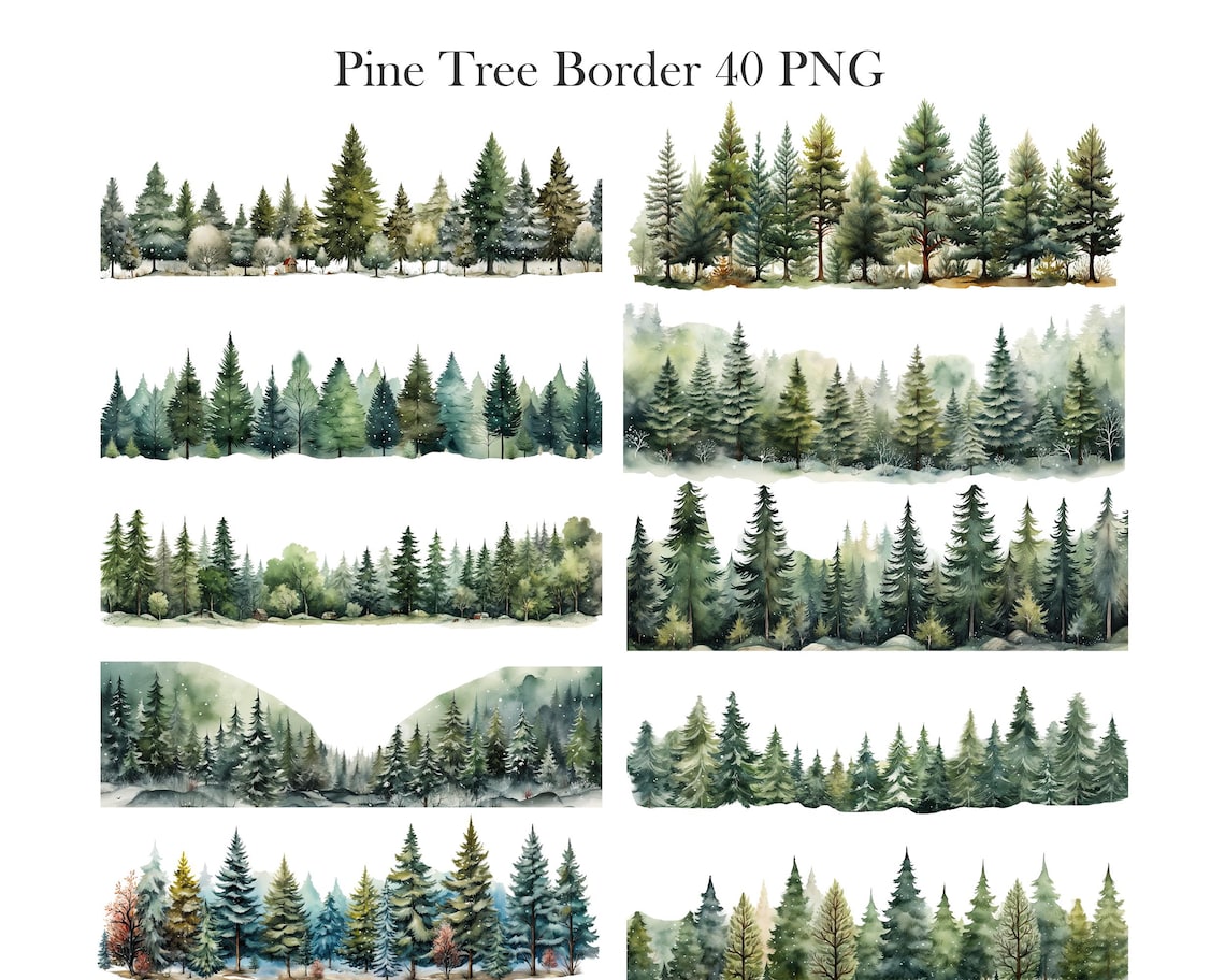 Pine Tree Border Clipart, Watercolor Christmas Tree Borders PNG, Tree ...