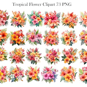 Tropical Flower Clipart, Summer Watercolor Floral PNG, Hibiscus Bouquet ...