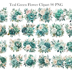 Teal Green Flower PNG, Watercolor Green Floral Clipart Bundle, Spring ...
