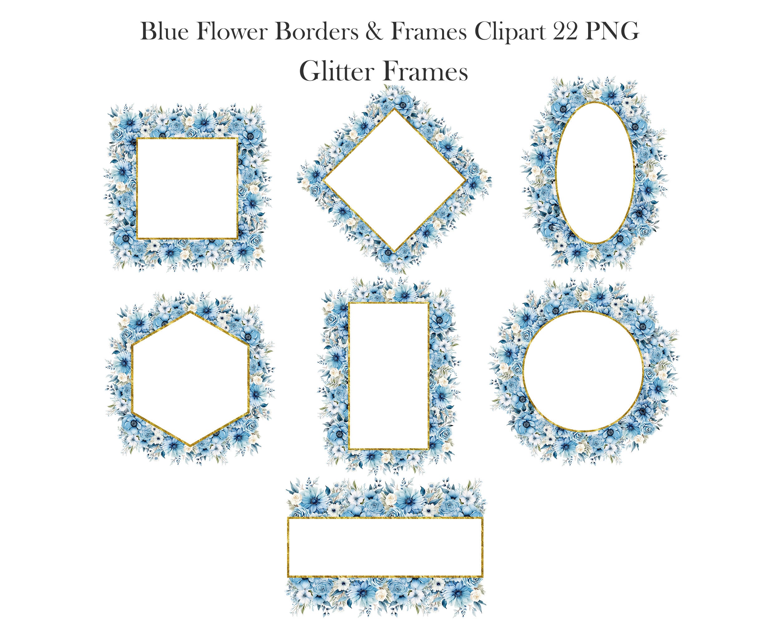 Blue Flower Border Clipart, Watercolor Blue Floral PNG, Flower Frame ...