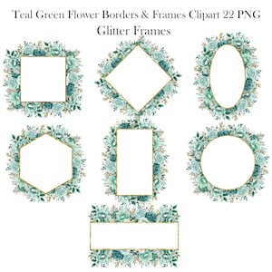 Teal Green Flower Border Clipart, Watercolor Green Floral PNG, Flower ...