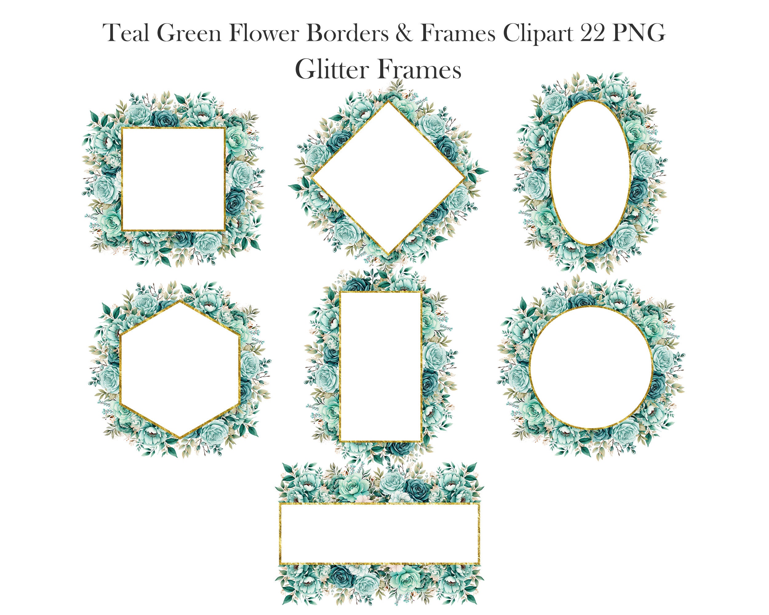 Teal Green Flower Border Clipart, Watercolor Green Floral PNG, Flower ...