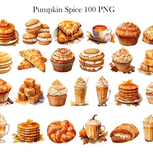 Pumpkin Spice Clipart, Watercolor Autumn Sweet Treats PNG, Fall Dessert ...