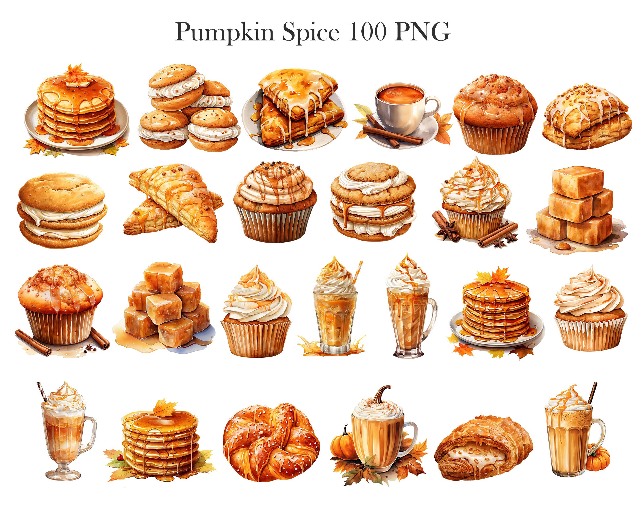 Pumpkin Spice Clipart, Watercolor Autumn Sweet Treats PNG, Fall Dessert ...