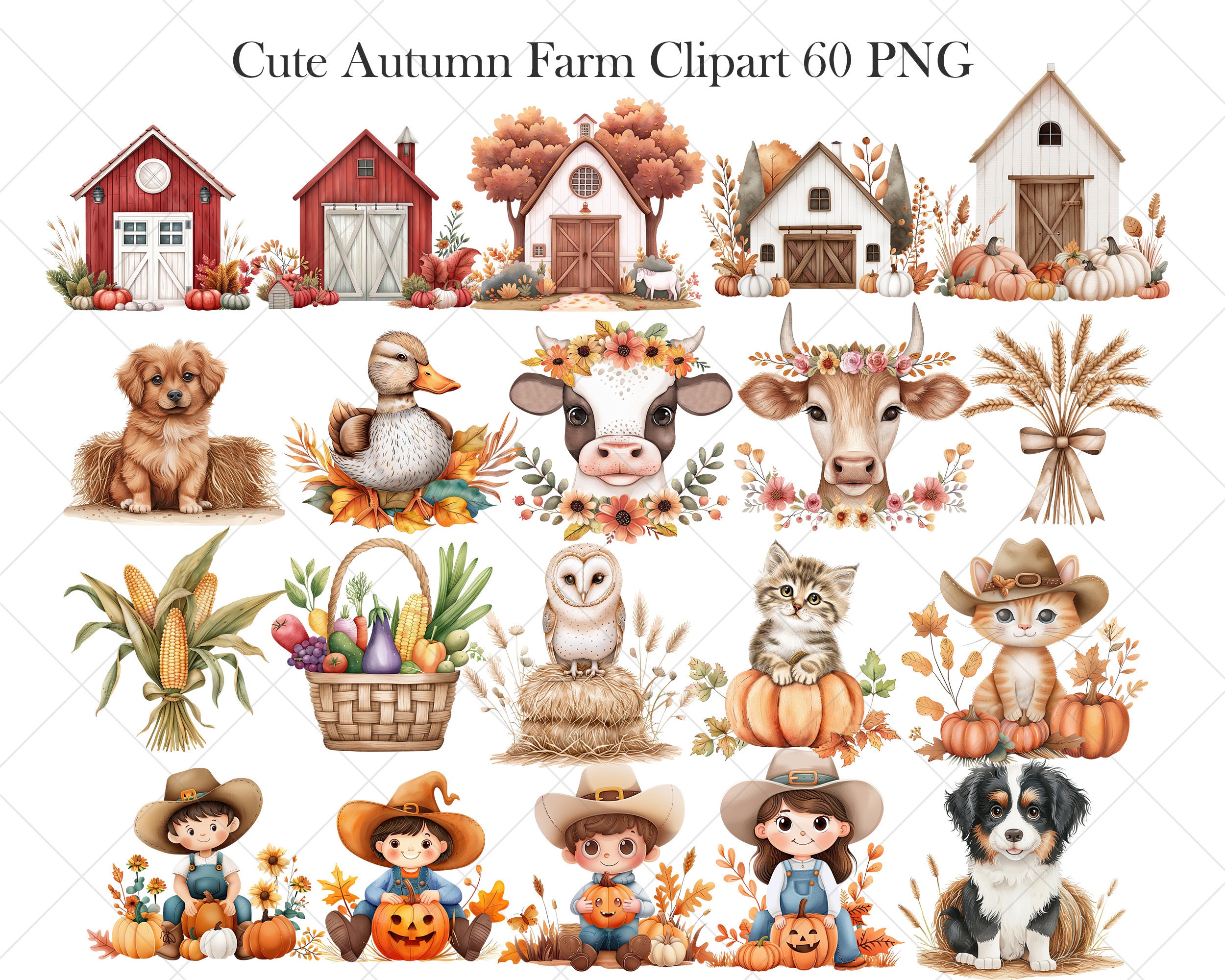 Cute Autumn Farm Clipart, Watercolor Fall PNG, Fall Sublimation ...