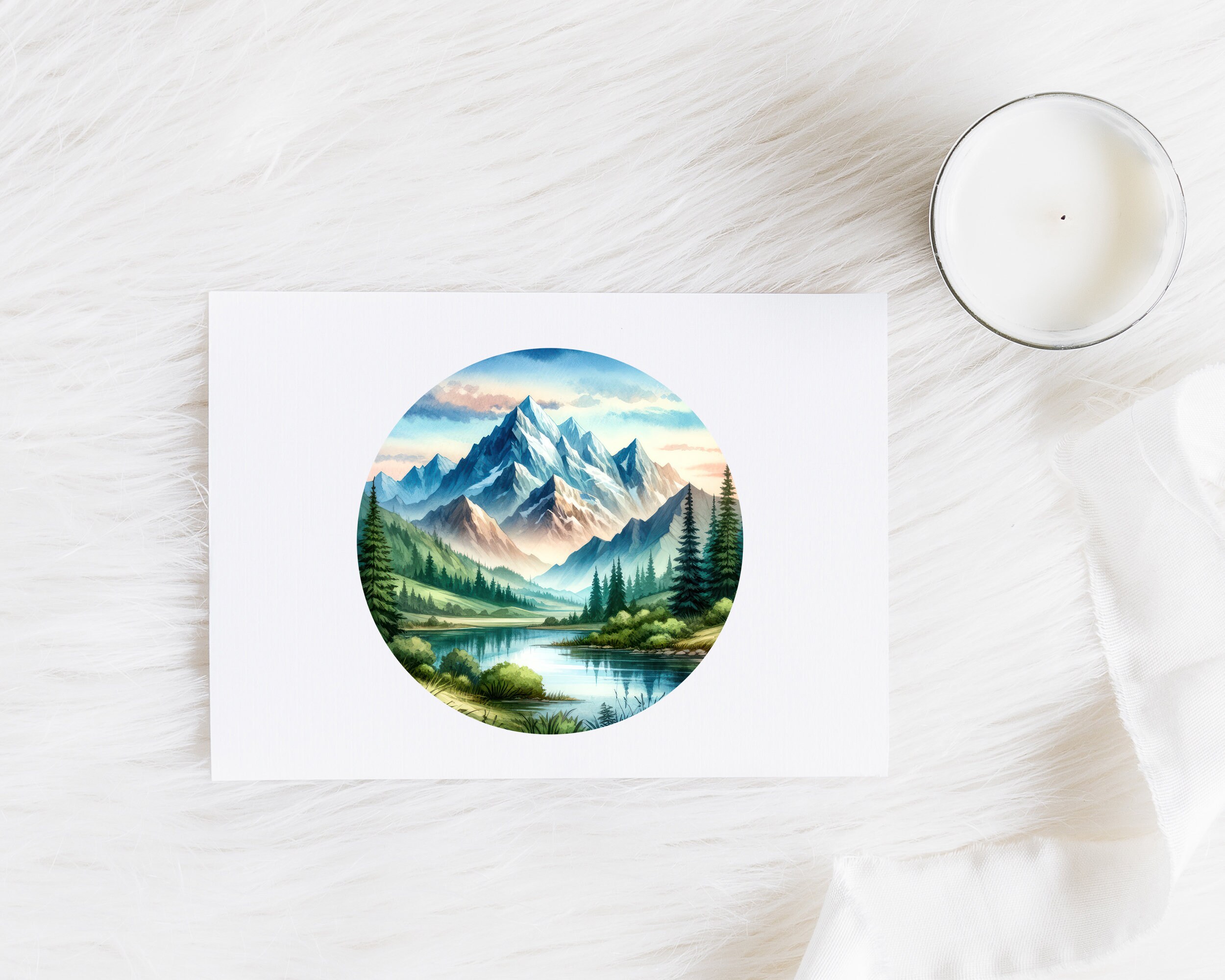 Mountain Clipart, Watercolor Mountain Landscape Circle Clipart, Round ...