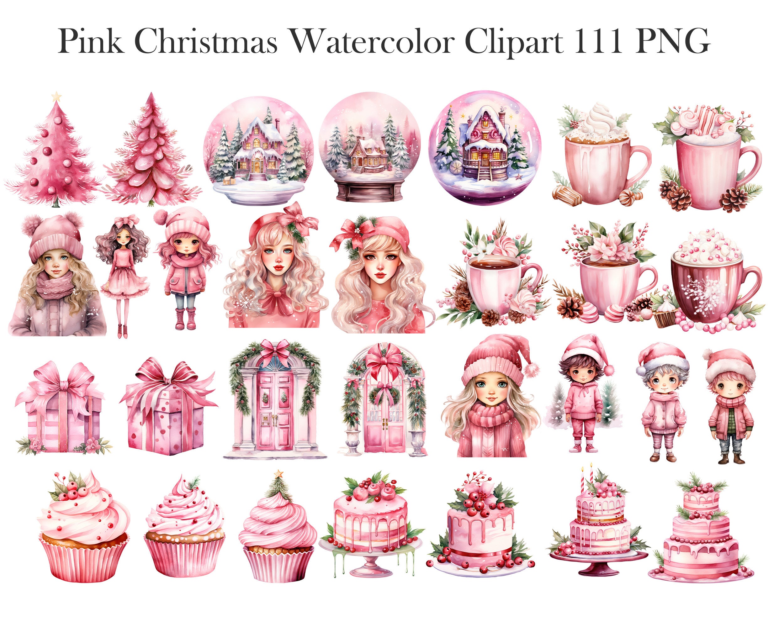 Pink Christmas Clipart, Watercolor Christmas PNG, Sublimation ...