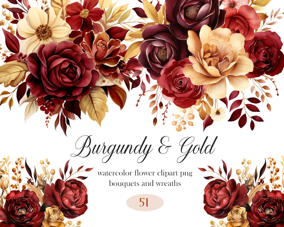 Burgundy Flower PNG, Watercolor Burgundy Gold Floral Clipart Bundle ...