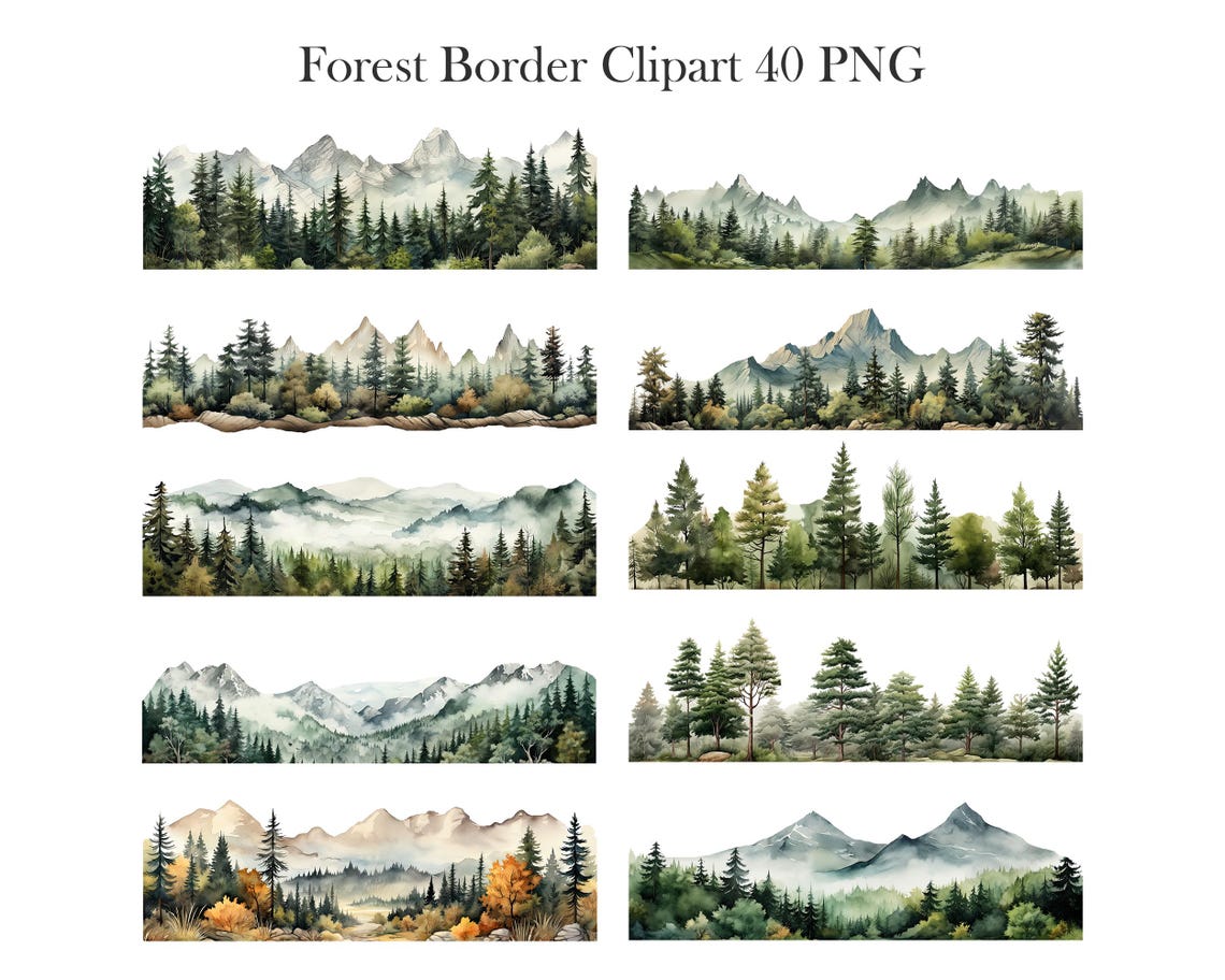 Forest Border Clipart, Watercolor Tree Border PNG, Sublimation, Nature ...