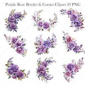 Purple Rose PNG, Watercolor Purple Rose Border Clipart, Rose Corner ...