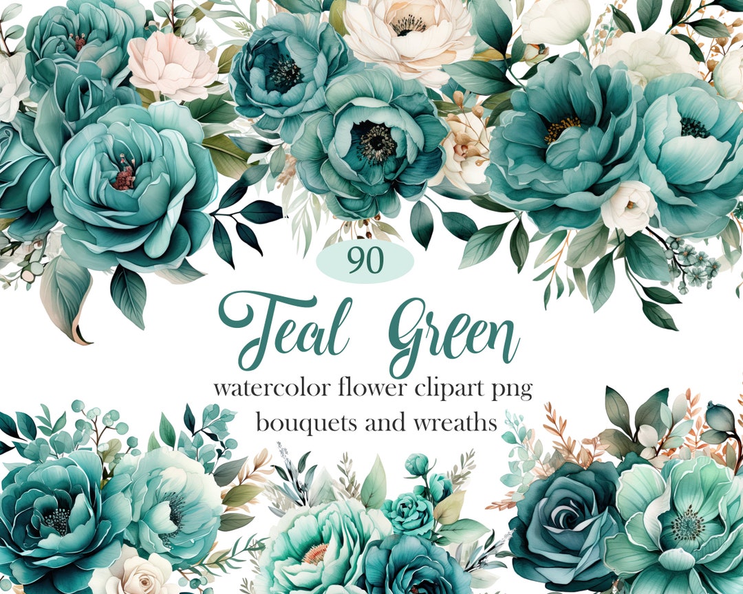 Teal Green Flower PNG, Watercolor Green Floral Clipart Bundle, Spring ...