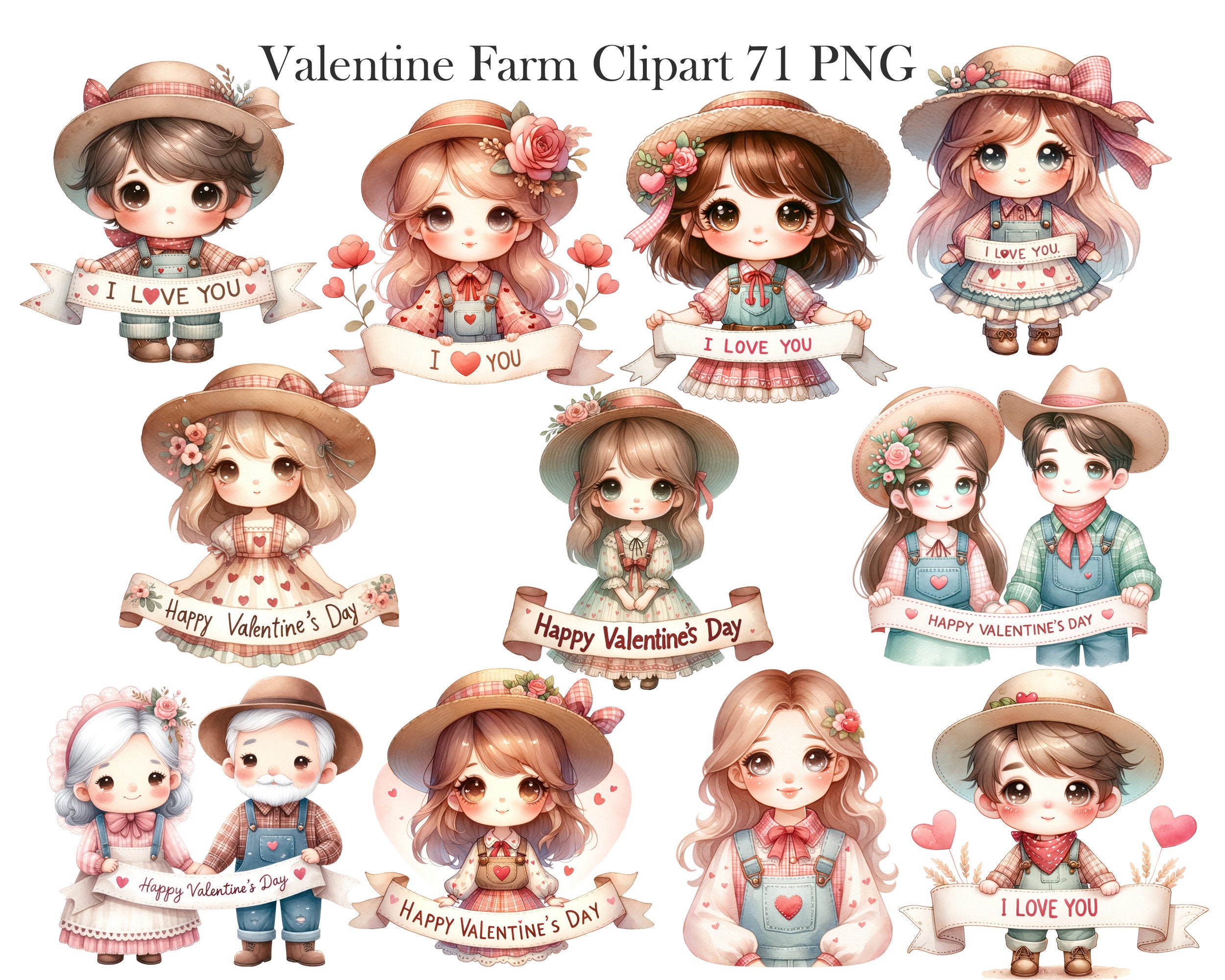 Valentine Farm PNG, Watercolor Valentine Farm Clipart Bundle, Valentine ...