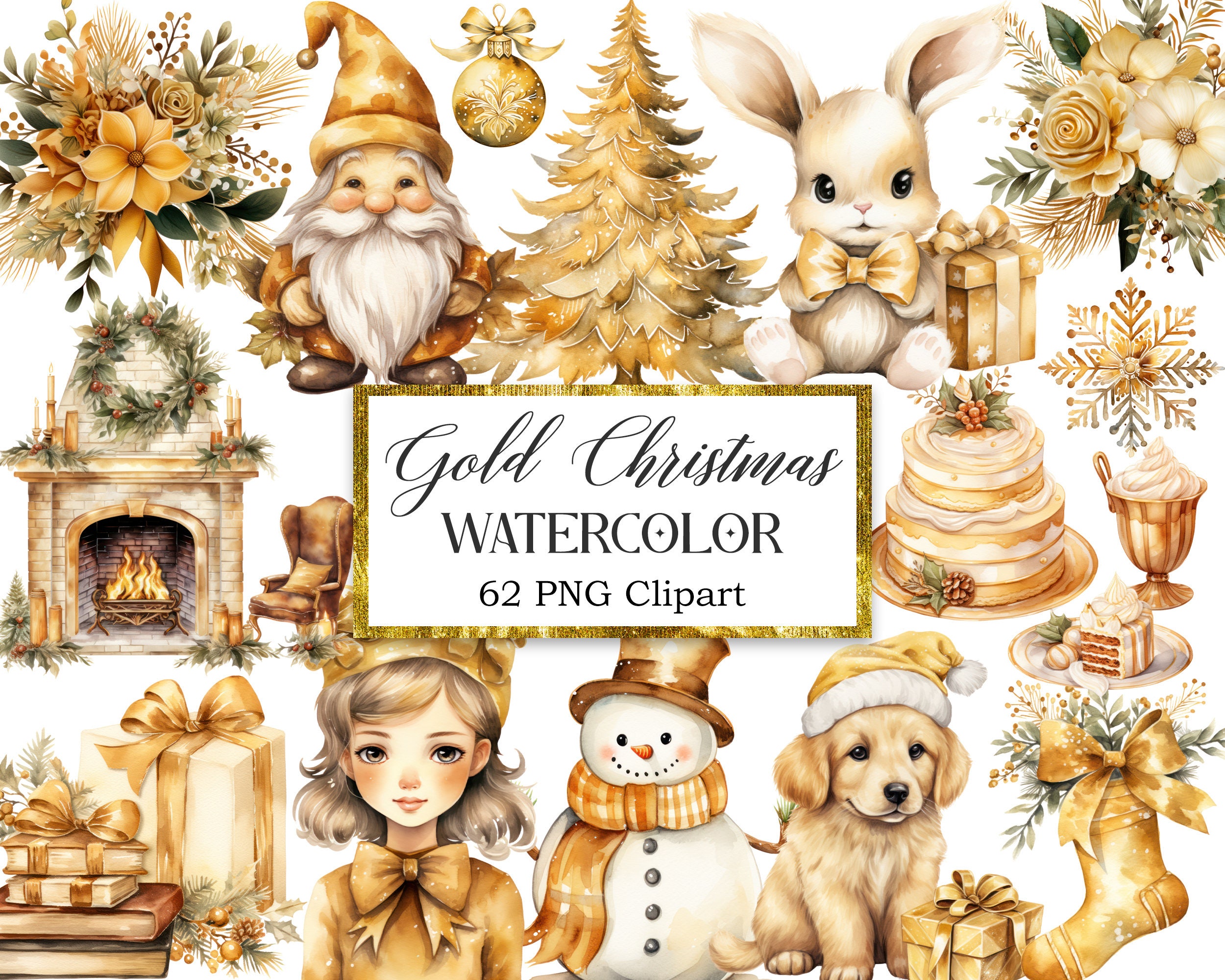 Gold Christmas Clipart, Watercolor Christmas PNG, Sublimation ...