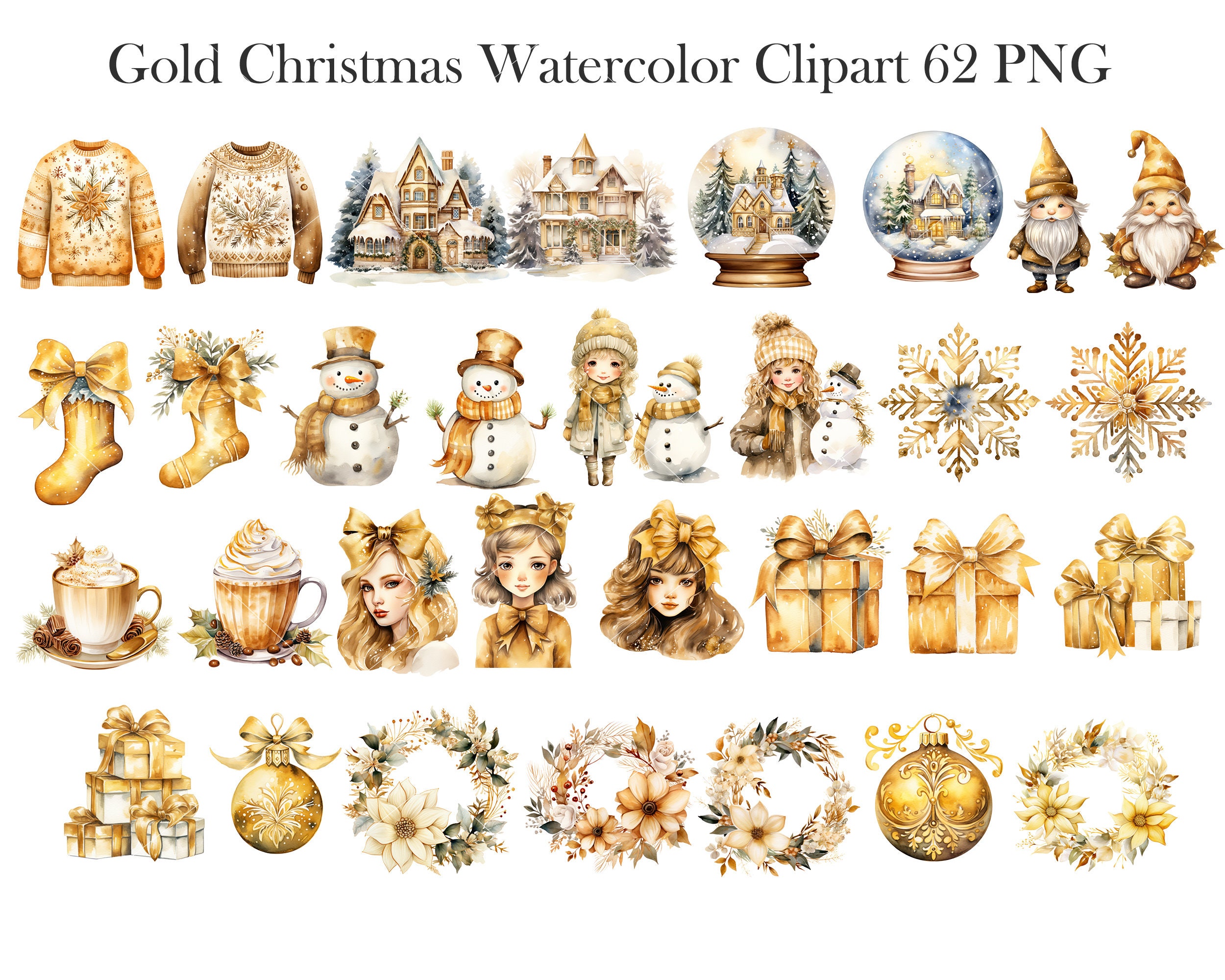 Gold Christmas Clipart, Watercolor Christmas PNG, Sublimation ...