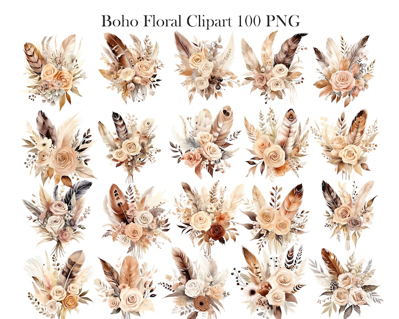 Boho Flower Clipart, Watercolor Floral Clipart Bundle, Boho Floral PNG ...